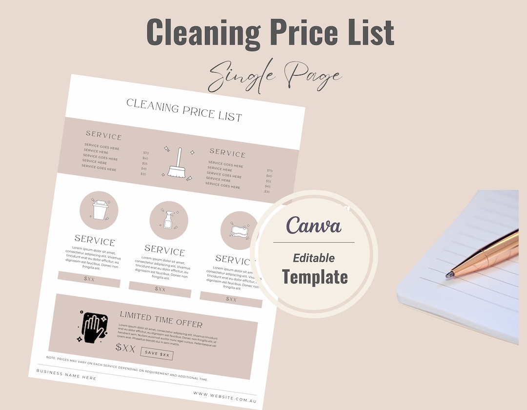 Professional Cleaning Prices Template Editable Pricing List House ...