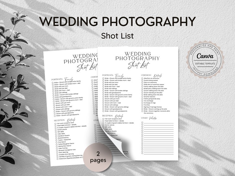 Wedding Shot List Printable, Wedding Photography Shot List Template ...