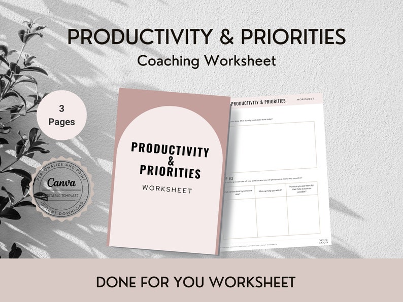 Productivity & Priorities Worksheet Template Time Management, Coaching ...