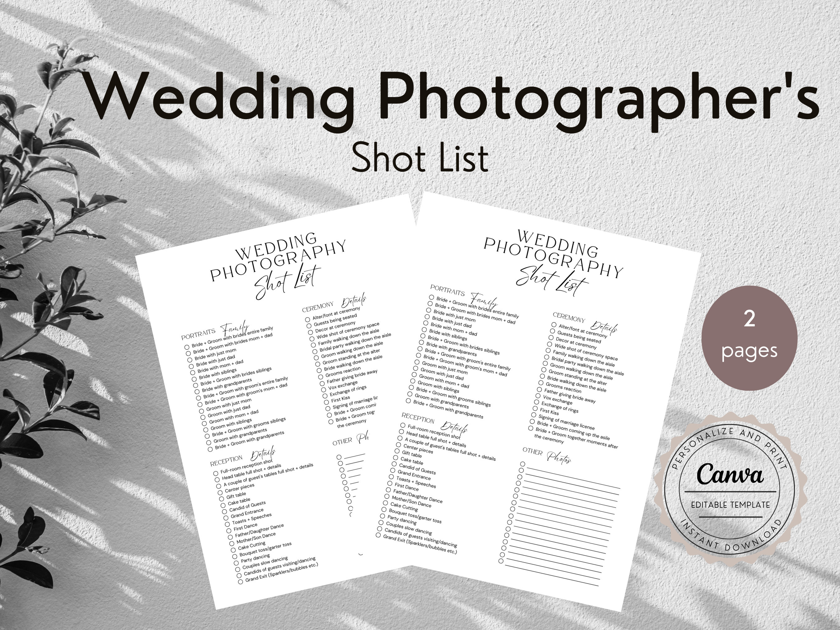 Wedding Shot List Printable, Wedding Photography Shot List Template ...
