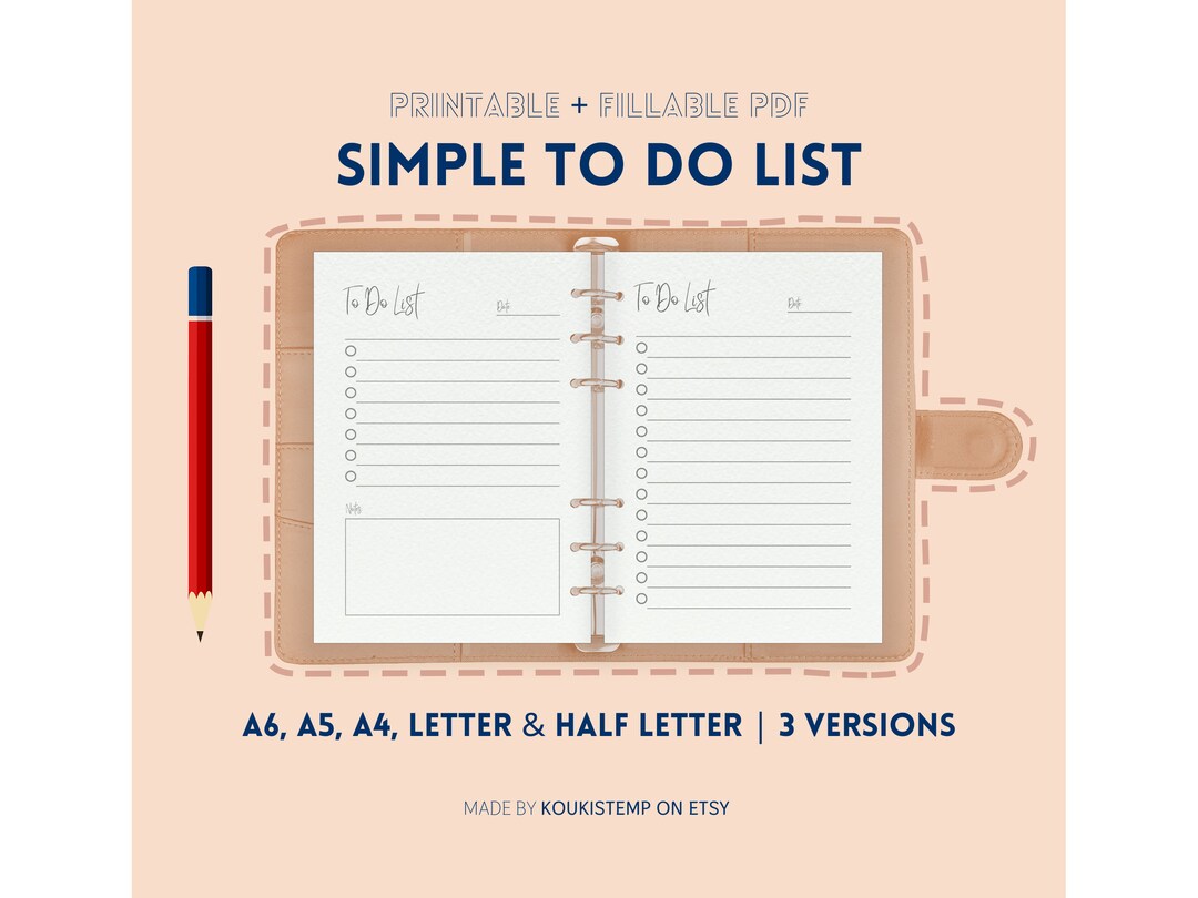 Simple to Do List PDF Template Digital and Printable A6, A5, A4, Letter ...
