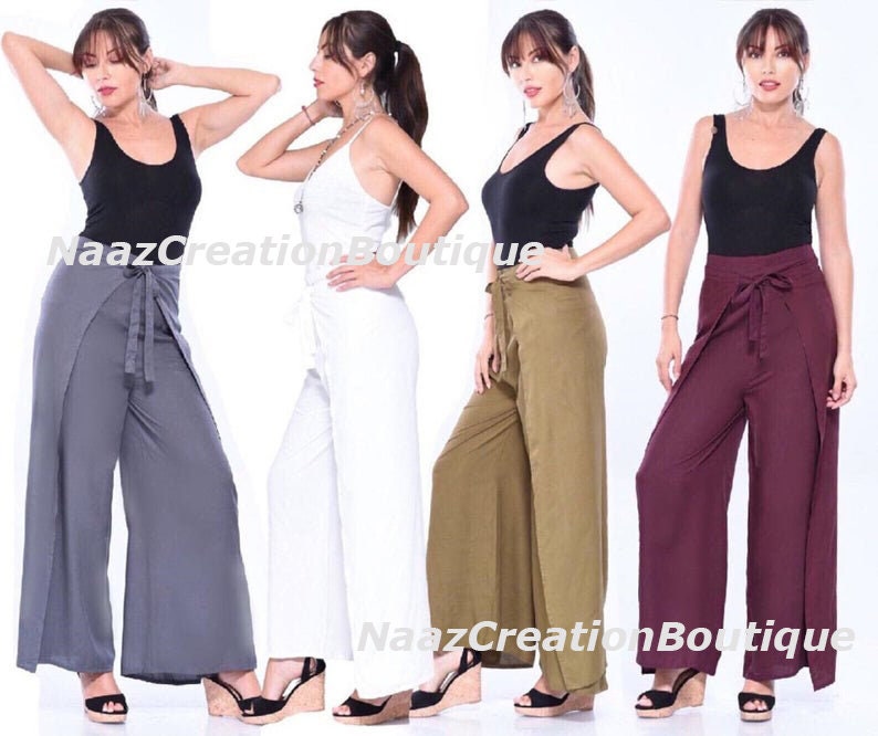 Women Wrap Trousers, Boho Wide Leg Palazzo, Solid Summer Pants100 ...