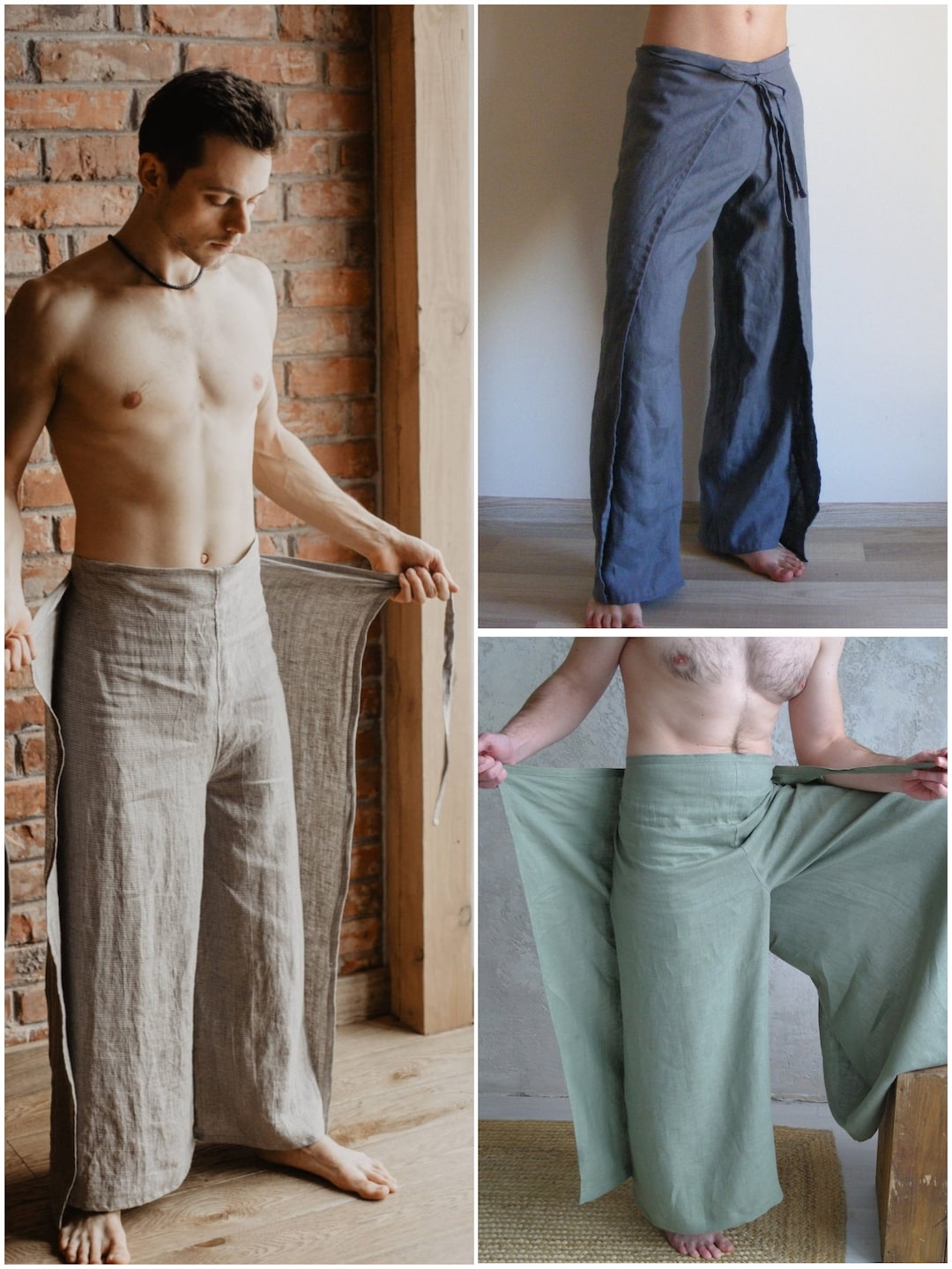 Men Wrap Pant Trousers, Boho Wide Leg Harem, Solid Summer Pants 100% ...