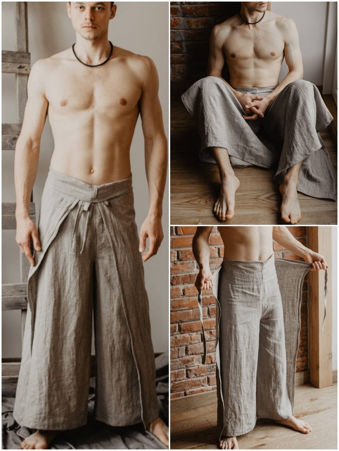 Men's Wrap Trousers, Casual Pant Boho Wide Leg Harem, Summer Pants 100% ...