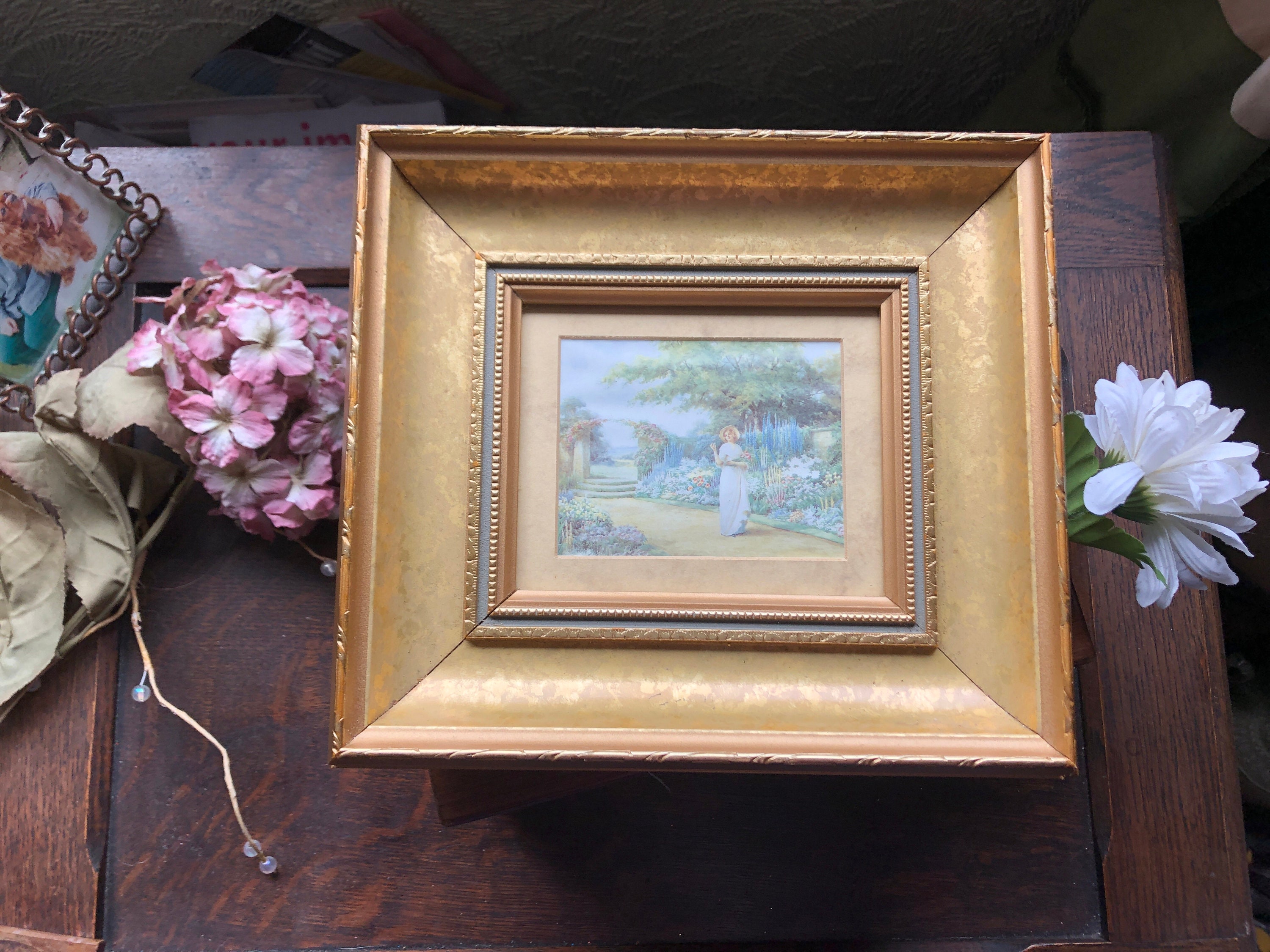 Vintage Picture of Regency Beauty in Flower Garden in a Golden Wooden ...