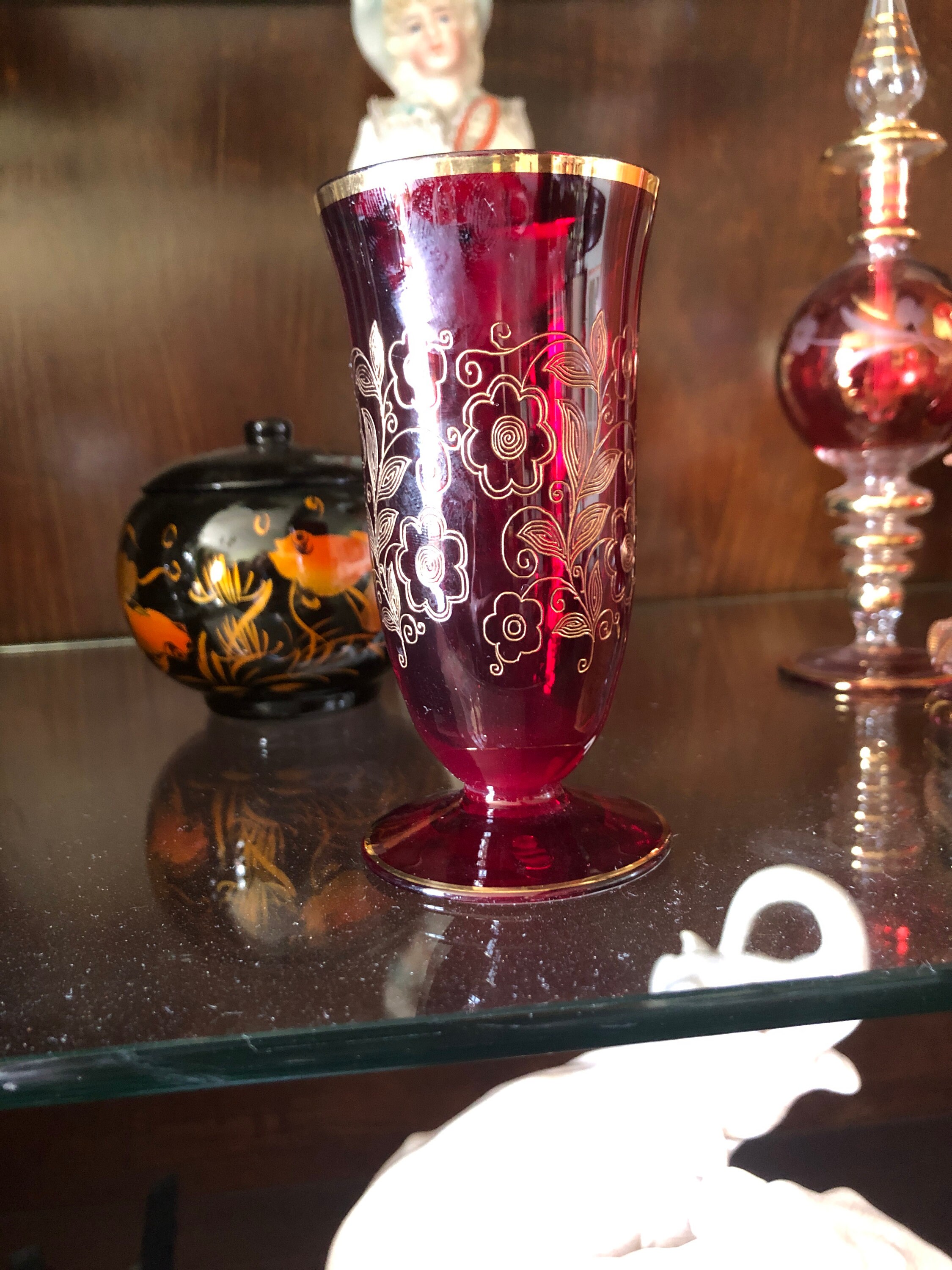 Vintage Ruby Glass Vase Ruby Red Glass Vase Gold Floral - Etsy