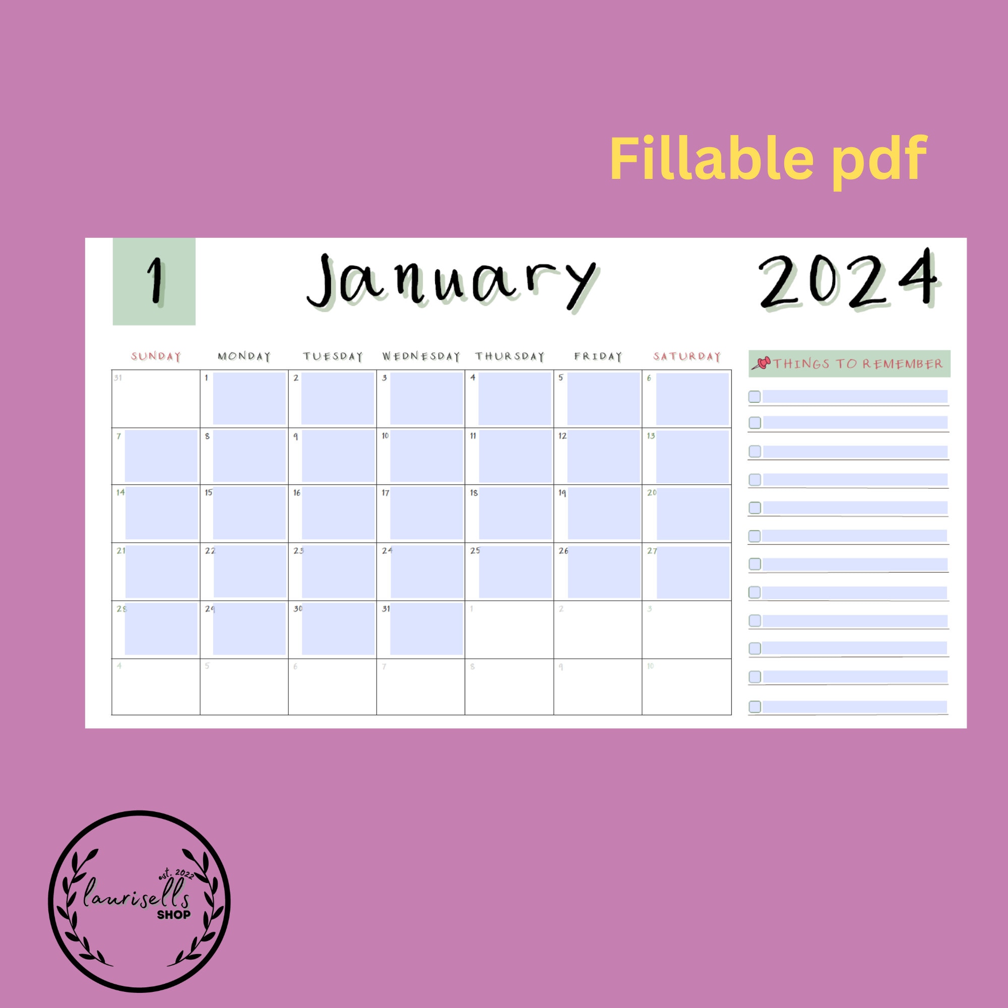 Printable 2024 Monthly Calendar | A4, Letter, Desktop Wallpaper | Fillable Landscape Pdf ...