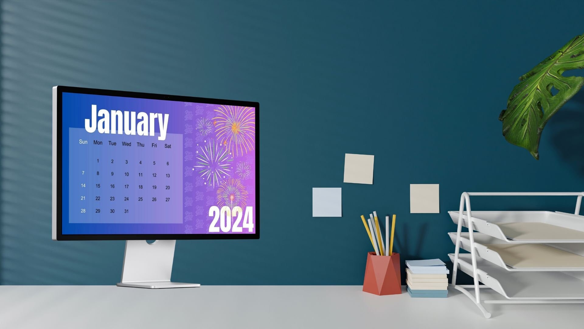 Printable Editable January 2024 New Year Desktop Wallpaper Calendar ...