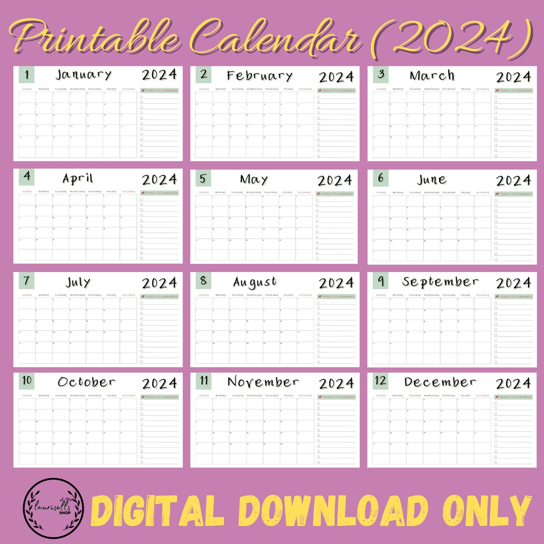 Printable 2024 Monthly Calendar | A4, Letter, Desktop Wallpaper ...