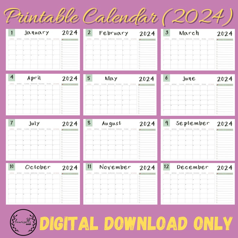 Printable 2024 Monthly Calendar A4 Letter Desktop - Etsy