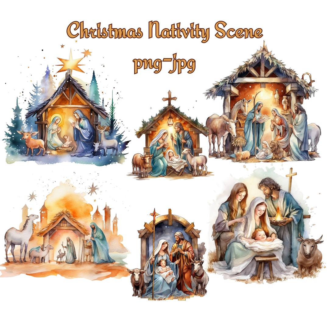 Nativity Scene Clipart Watercolor Bundle, Christmas Religious Nativity ...