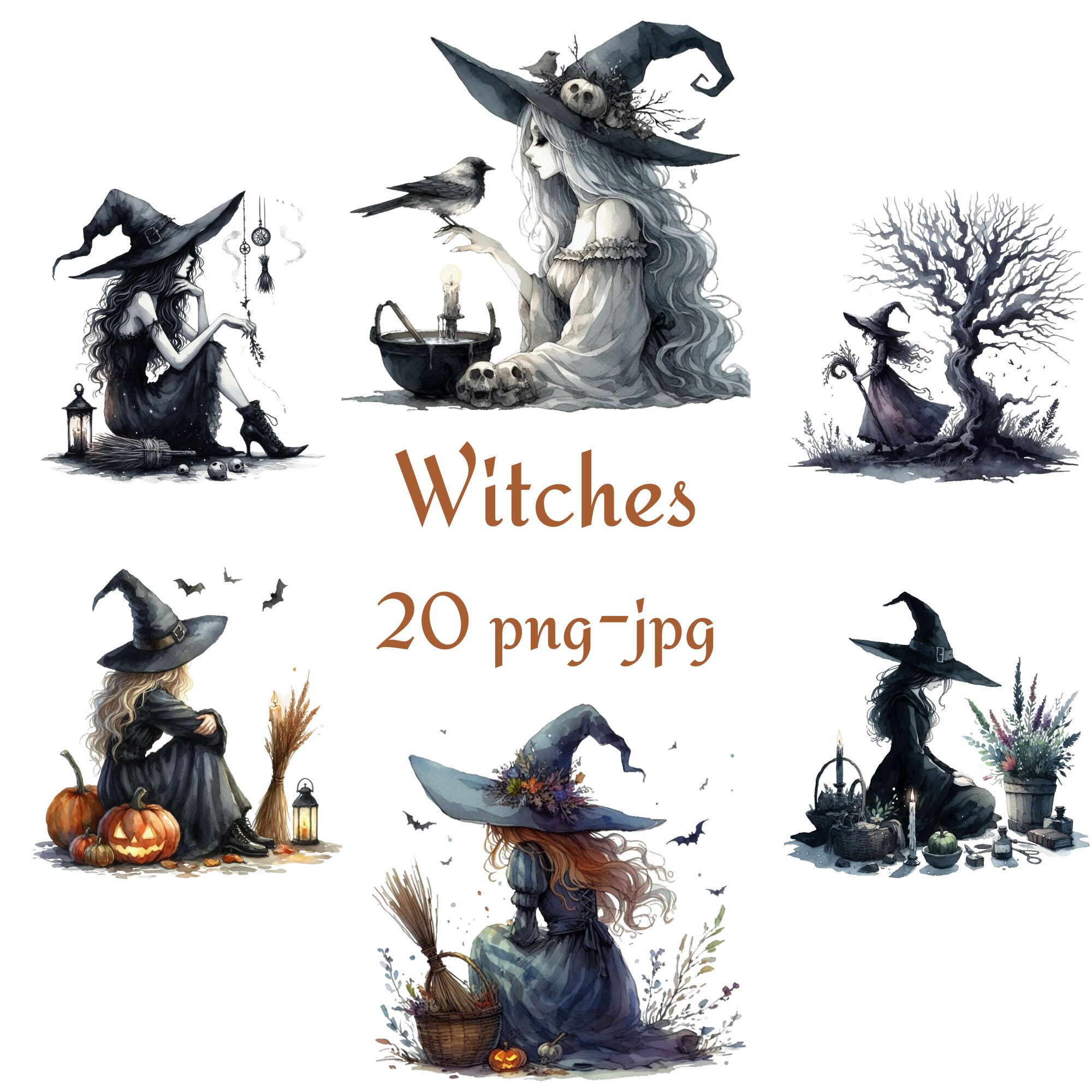 20 Witches Clipart, Witches on Halloween Clipart, Watercolor Witches ...