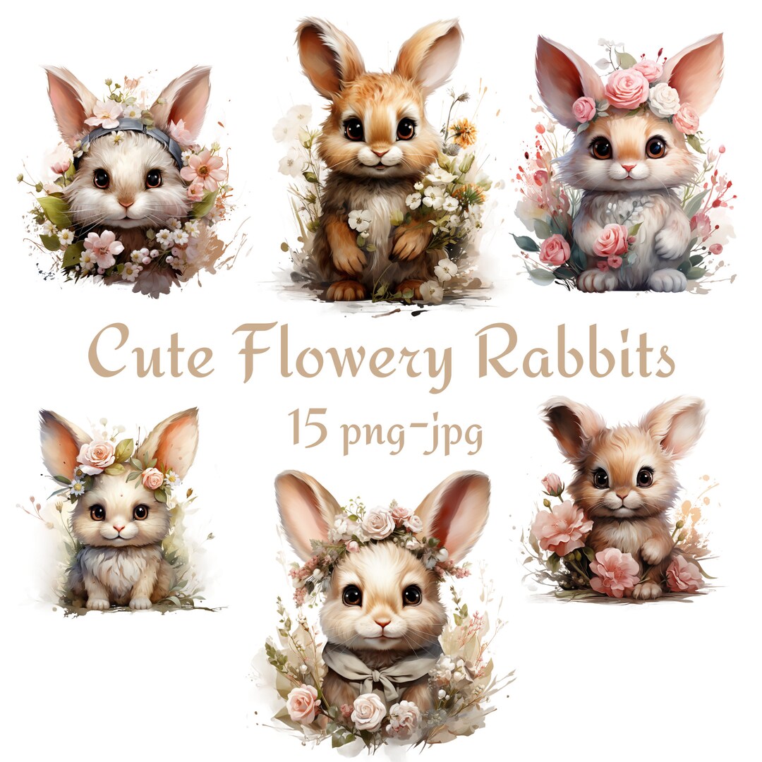 15 Cute Flowery Rabbits Clipart, Floral Bunnies Collection Clipart ...