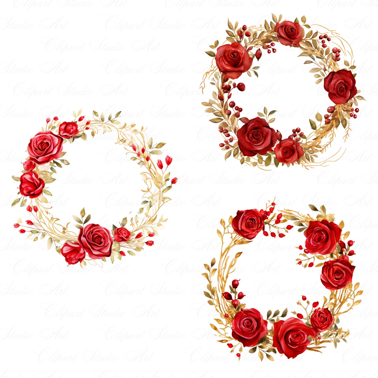 20 Red Rose Wreath With Gold Glitter Clipart, Wedding Bridal Shower Red ...