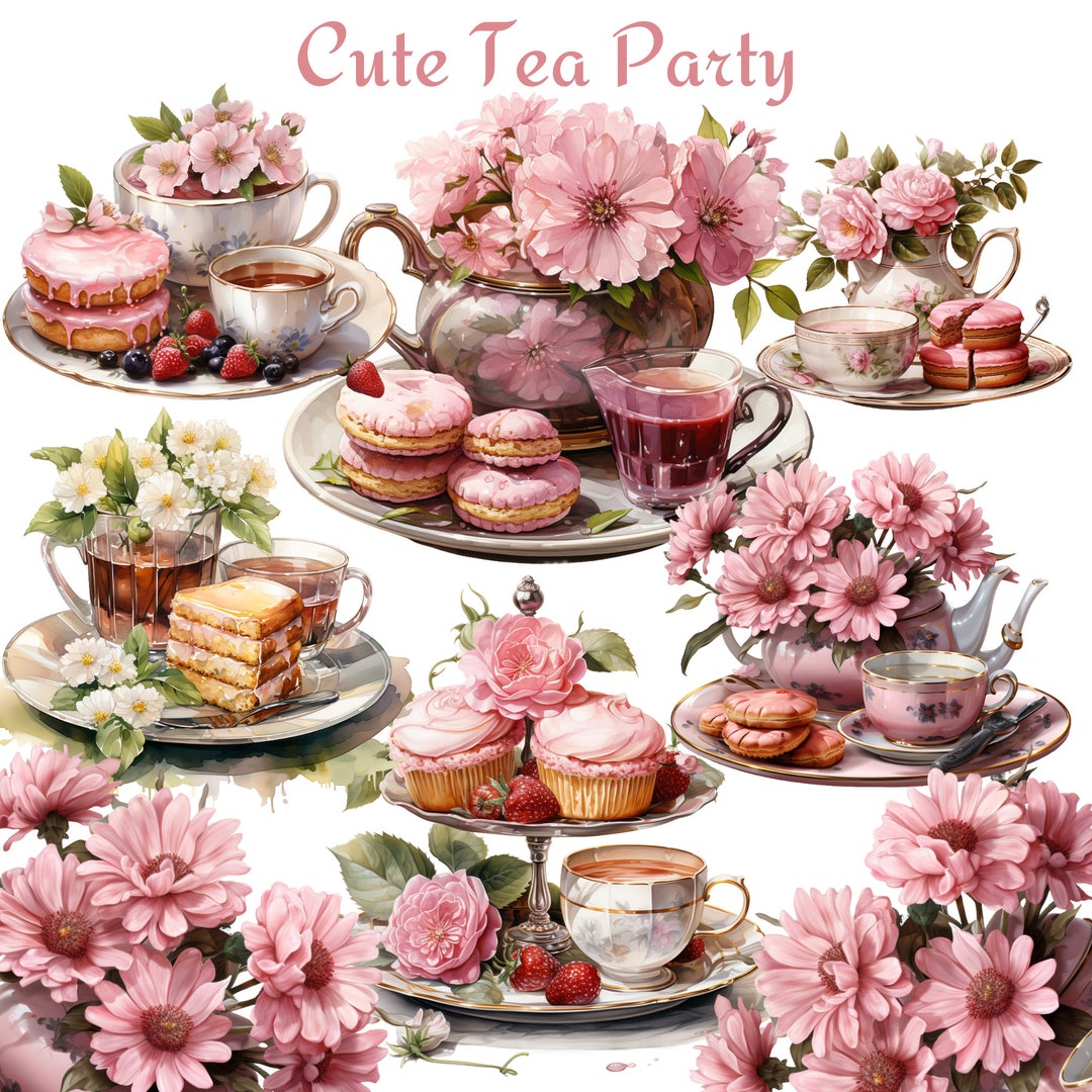 Cute Tea Party Watercolor Clipart, Pink Teacup Clipart, Floral Tea ...