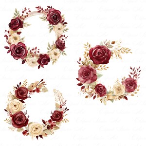 18 Burgundy Wreath Rose With Golden Glitter Clipart, Wedding Bridal ...