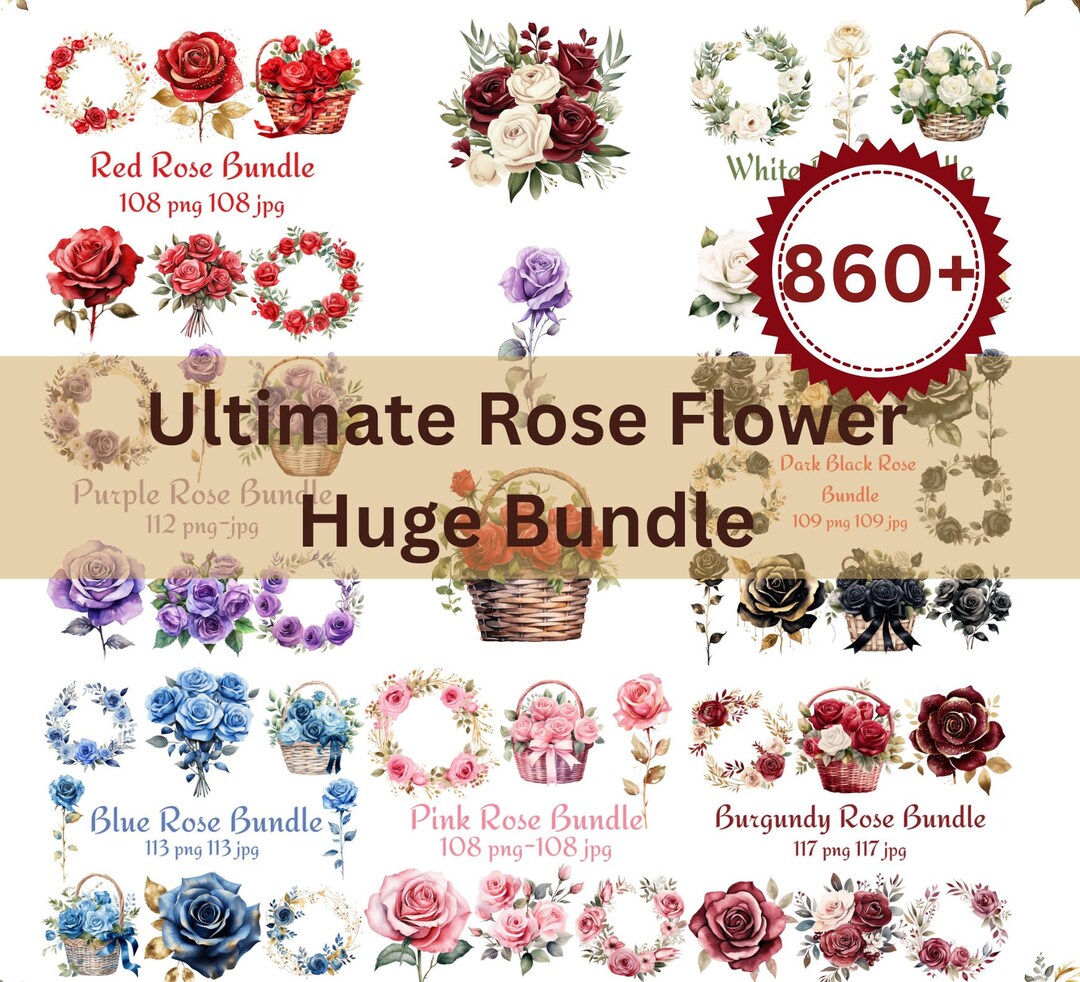 860+ Rose Flower Bundle Clipart, Watercolor Rose Floral Clipart, Rose ...