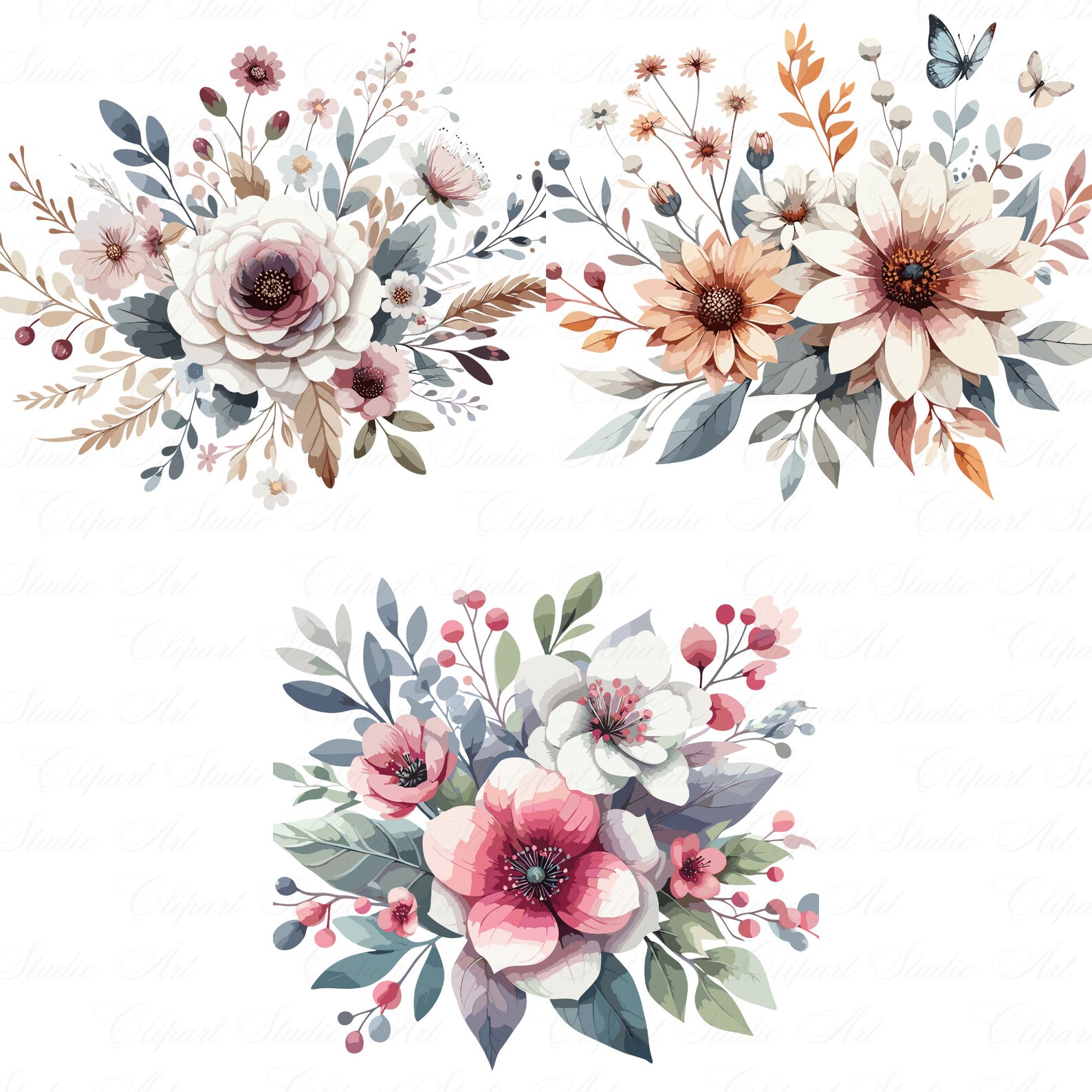 15 Floral Bundle Clipart, Watercolor Floral Clipart, Flower White ...