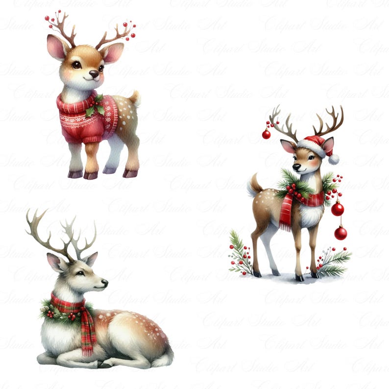 14 Christmas Reindeer Clipart, Forest Animals Clipart, Watercolor ...