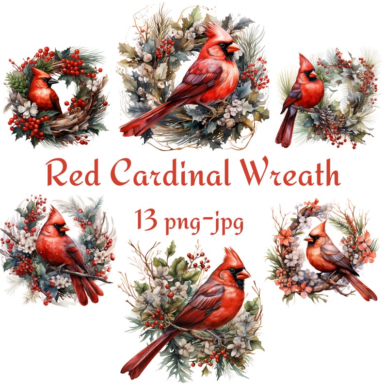 13 Red Cardinal Wreath Clipart, Red Cardinal Christmas Clipart ...