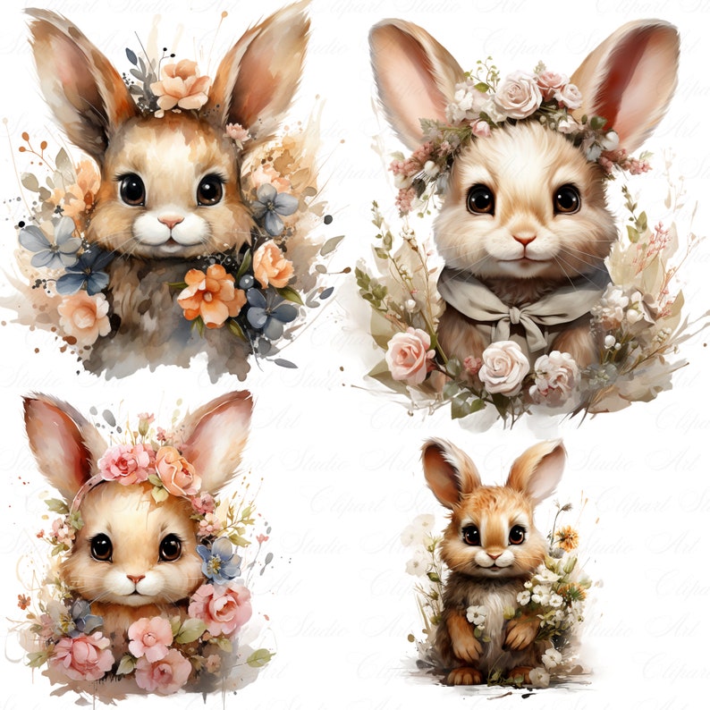 15 Cute Flowery Rabbits Clipart, Floral Bunnies Collection Clipart ...