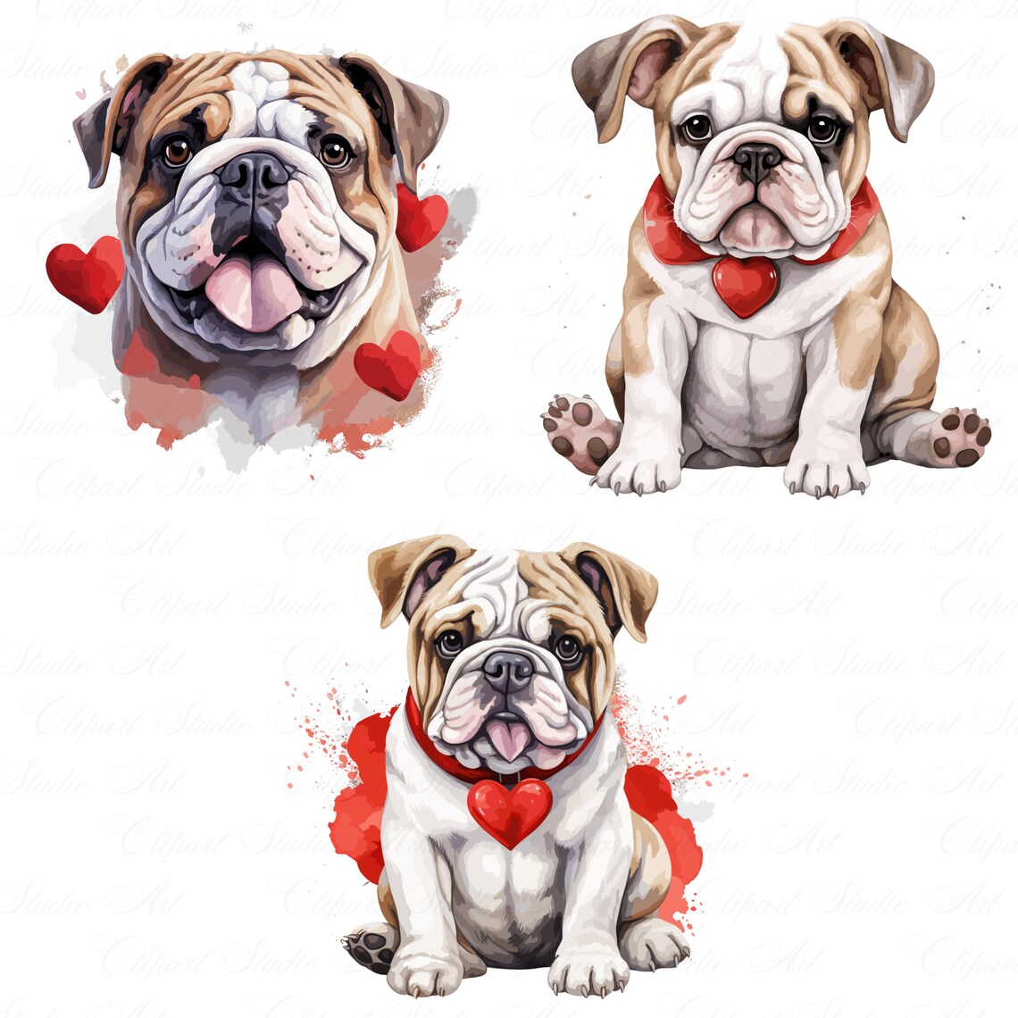 15 Cute Bulldog Dog Clipart, Cute Heart Bulldog Dog Clipart, Watercolor ...