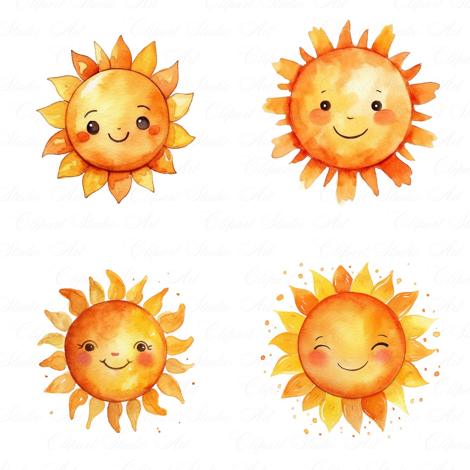 15 Cute Happy Sun Clipart, Cute Sun Watercolour Clipart, Watercolor Sun ...