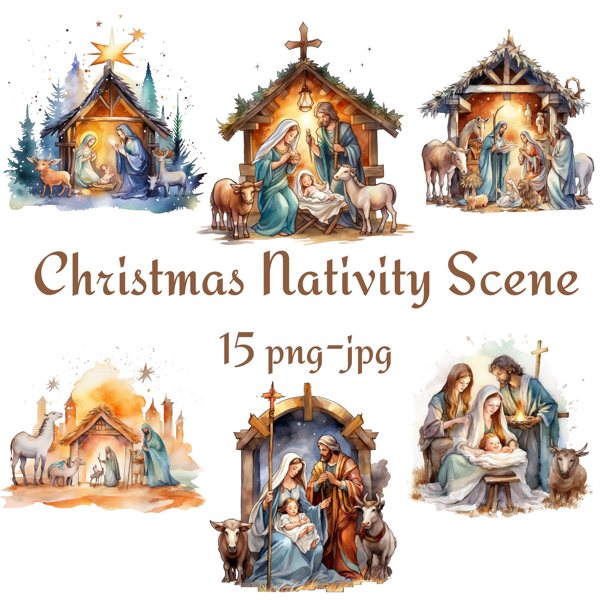 15 Nativity Scene Clipart Watercolor Bundle, Christmas Religious ...