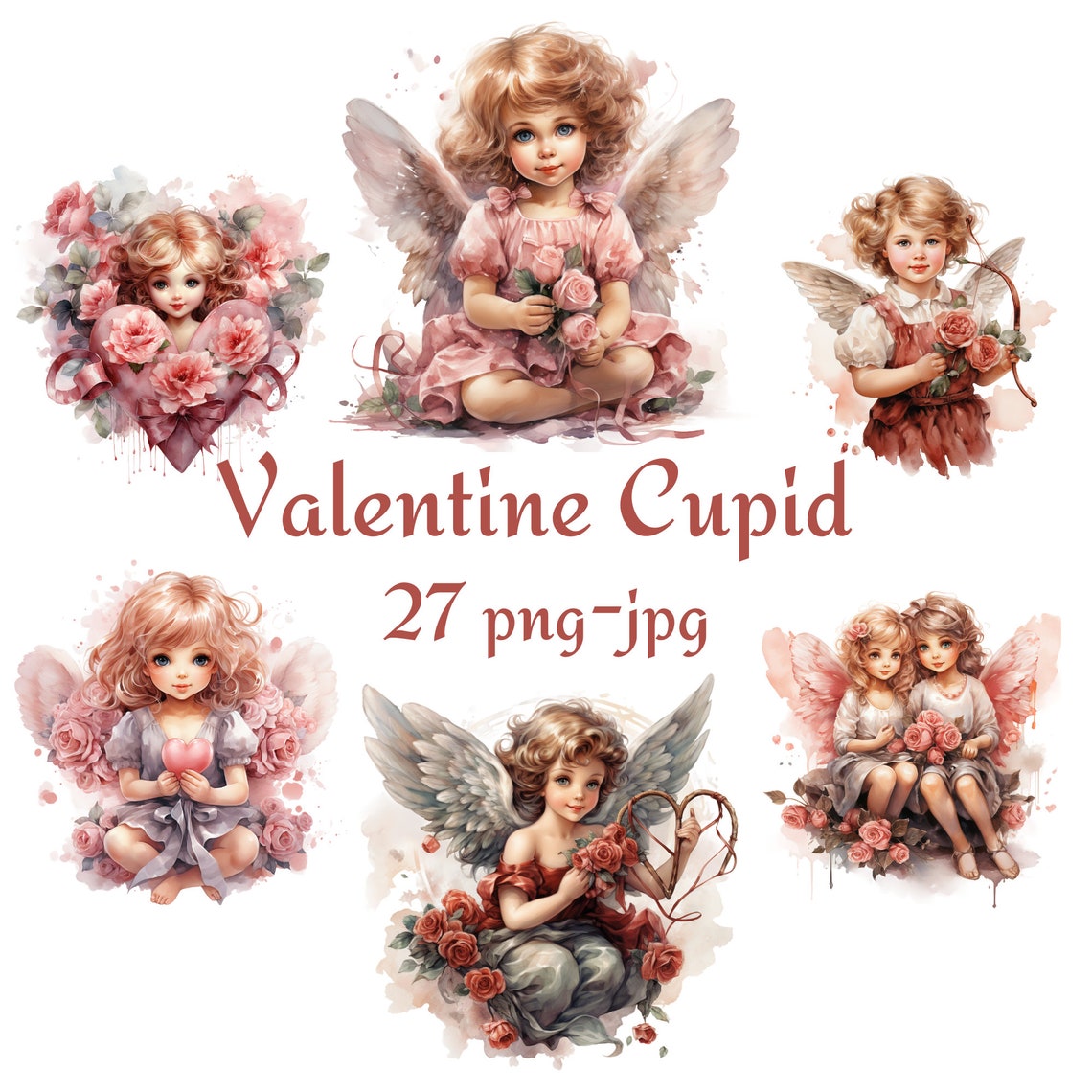27 Valentine Cupid Clipart, Valentine Day Watercolor Cupid Clipart ...