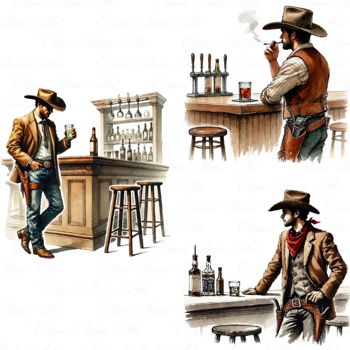 16 Cowboy in the Bar Clipart, Texas Cowboy Clipart, Watercolor Nebraska ...