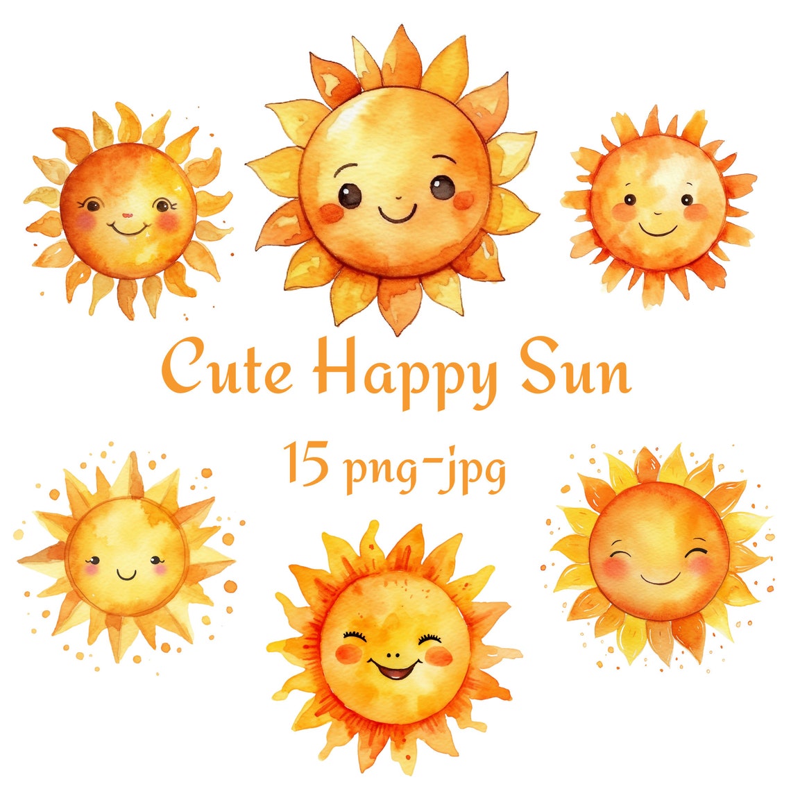 15 Cute Happy Sun Clipart, Cute Sun Watercolour Clipart, Watercolor Sun ...