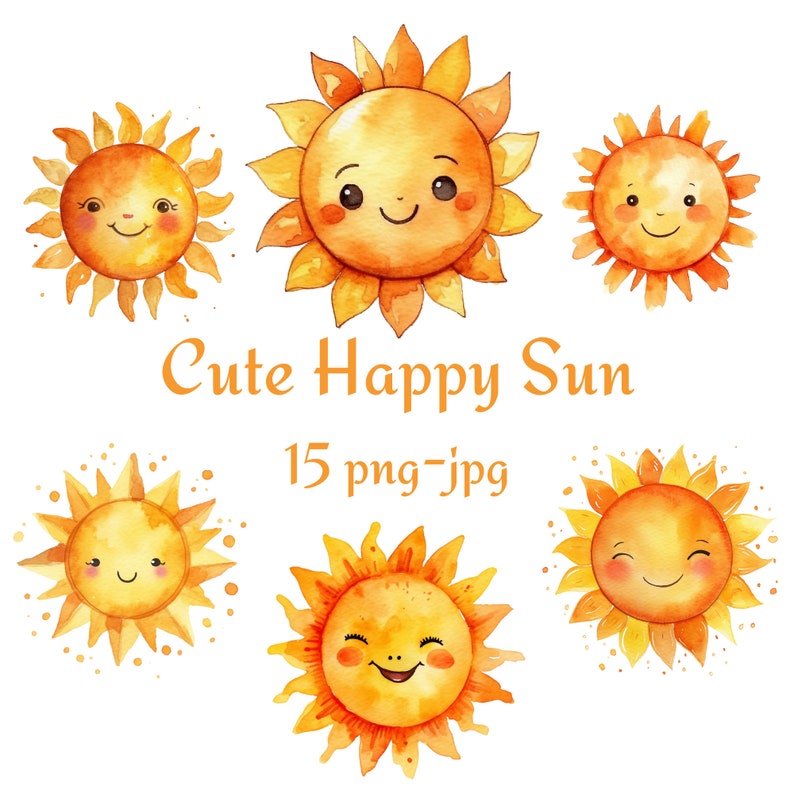 15 Cute Happy Sun Clipart, Cute Sun Watercolour Clipart, Watercolor Sun ...