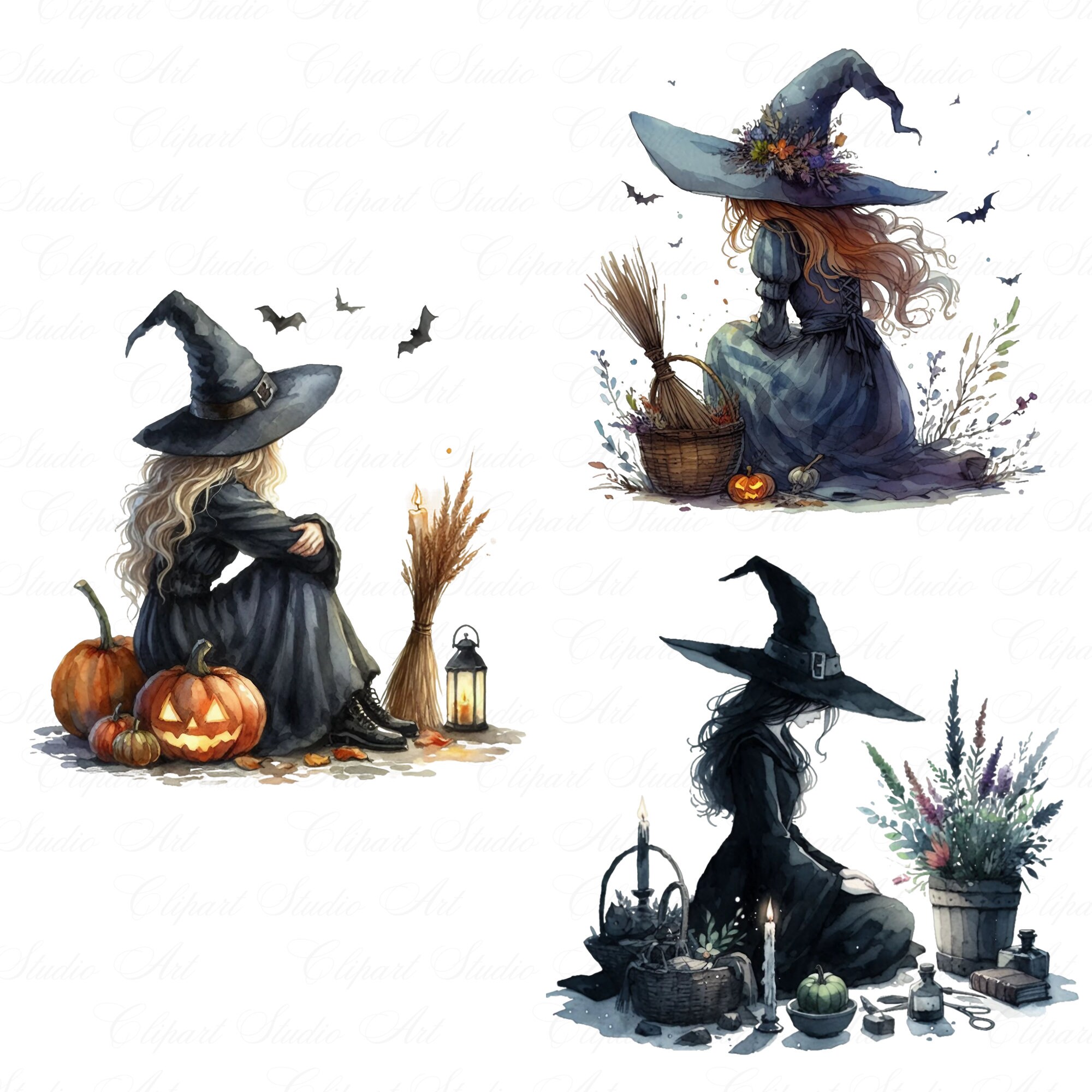 20 Witches Clipart, Witches on Halloween Clipart, Watercolor Witches ...