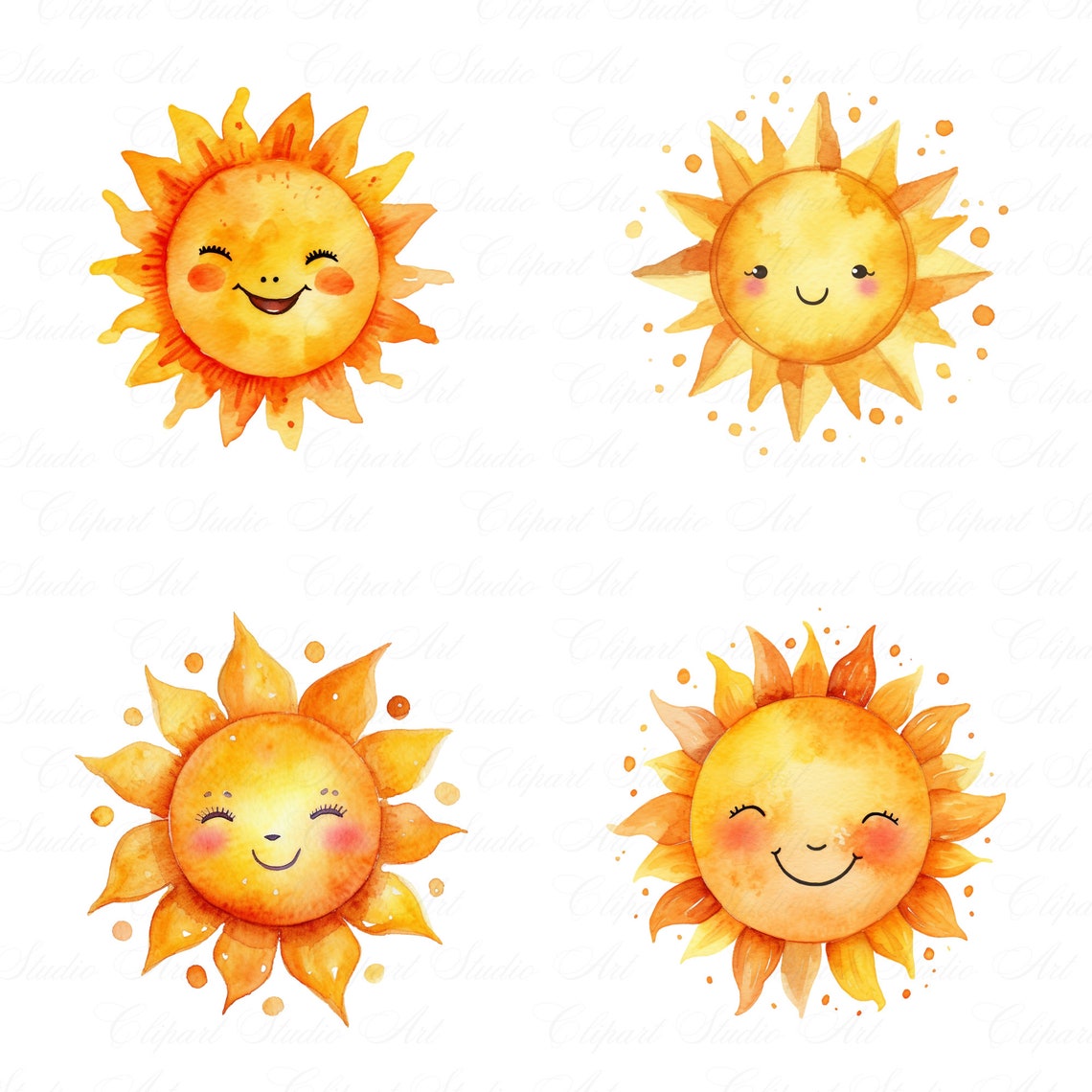 15 Cute Happy Sun Clipart, Cute Sun Watercolour Clipart, Watercolor Sun ...