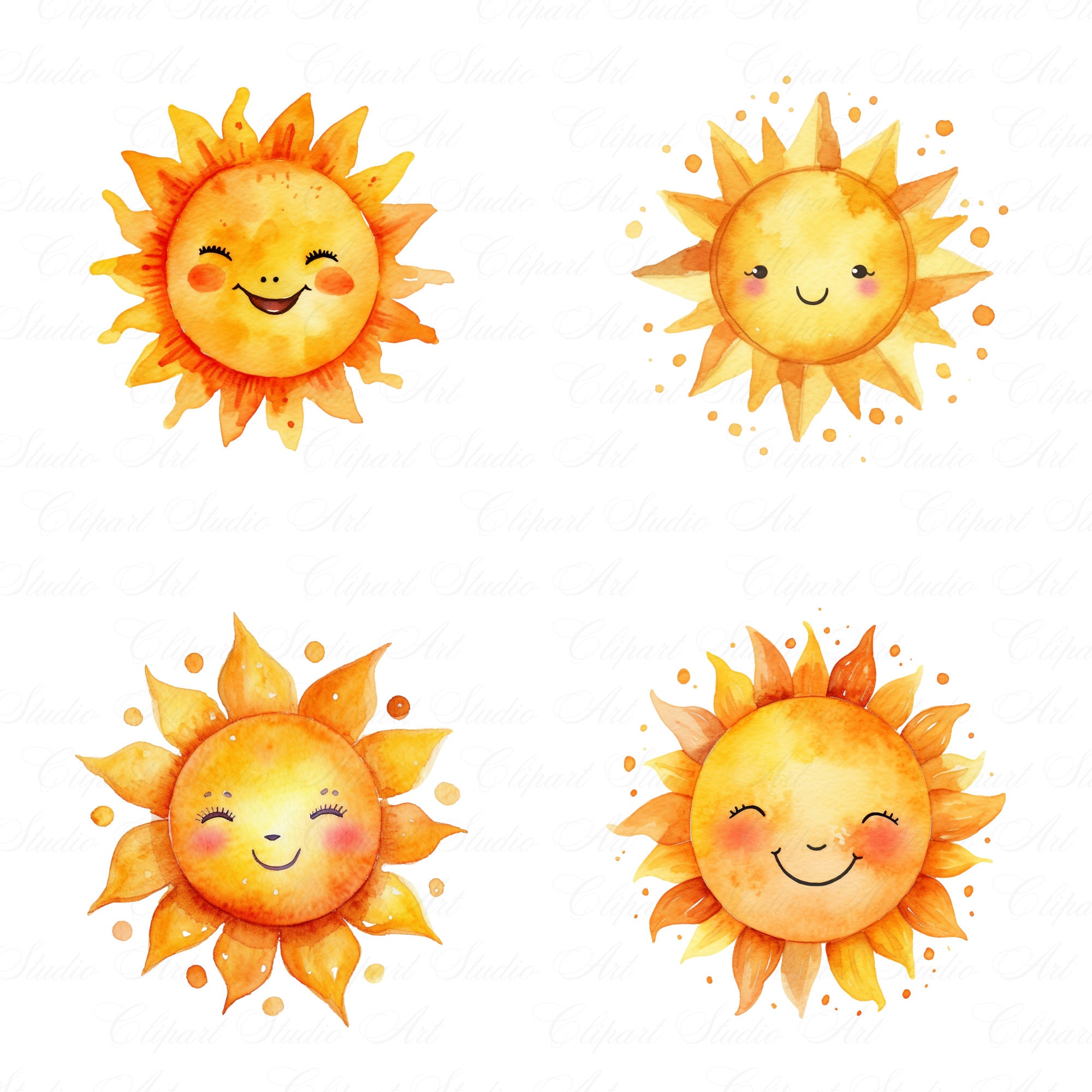 15 Cute Happy Sun Clipart, Cute Sun Watercolour Clipart, Watercolor Sun ...