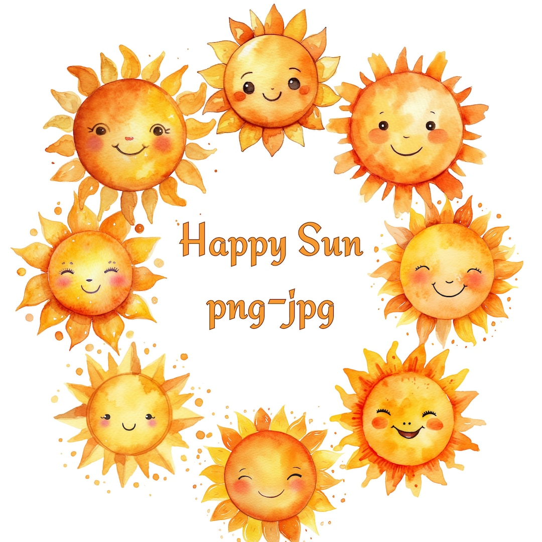 Cute Happy Sun Clipart, Cute Sun Watercolour Clipart, Cute Sun Faces ...
