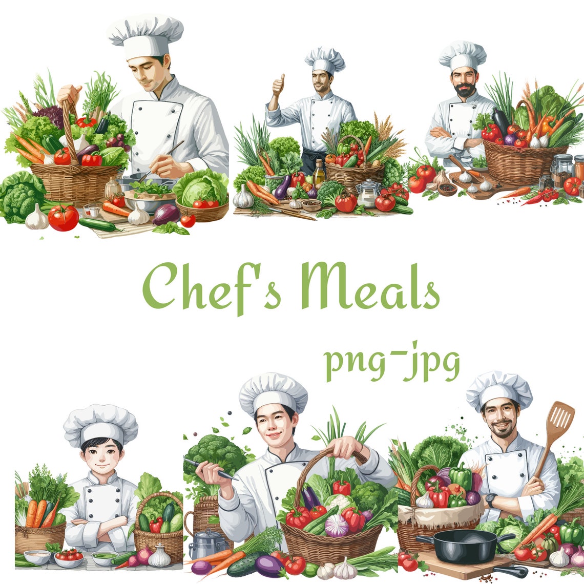 Chef's Meals Clipart, Chef's Kitchen Clipart, Watercolor Cook Clipart ...