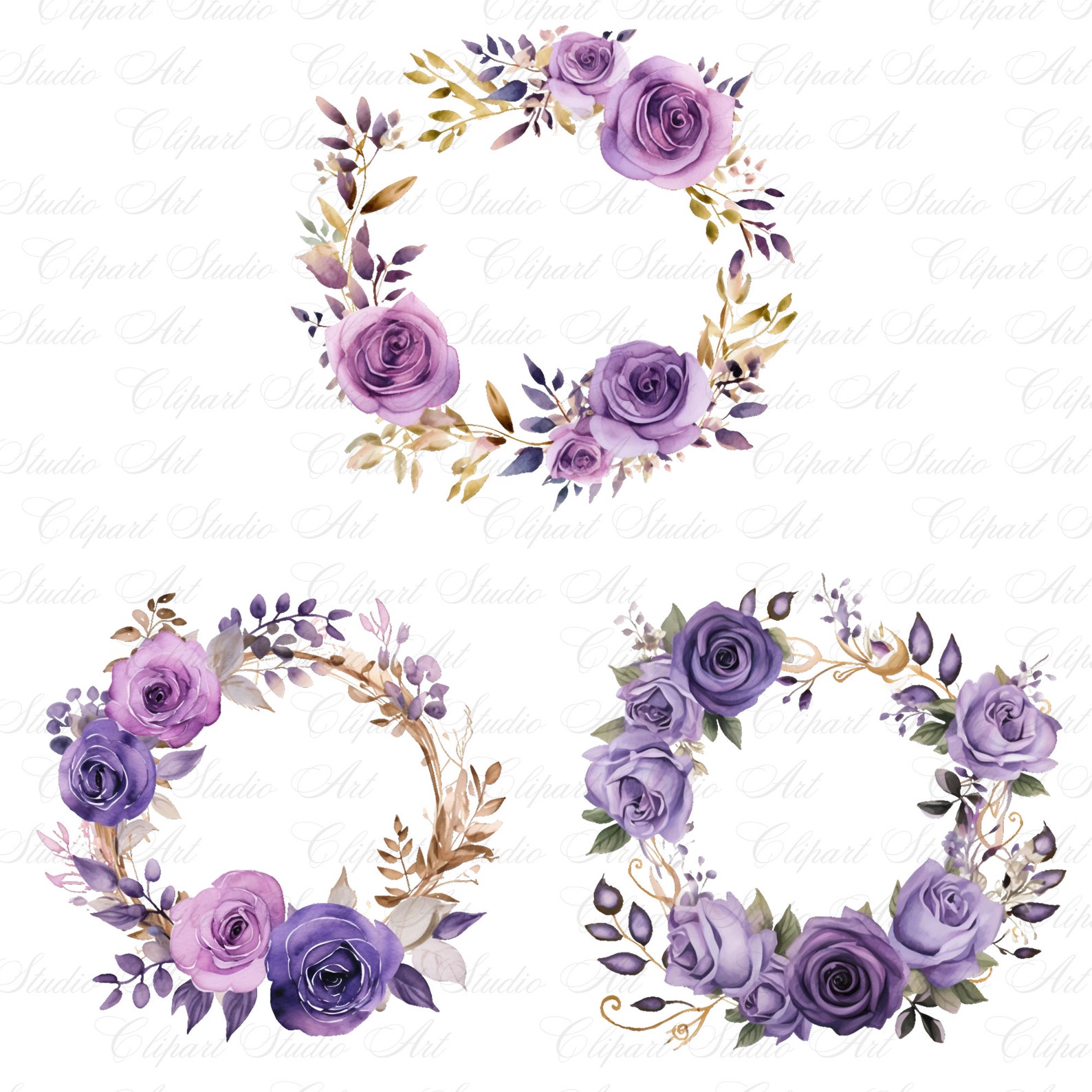 20 Purple Rose Wreath With Gold Glitter Clipart, Wedding Bridal Shower ...