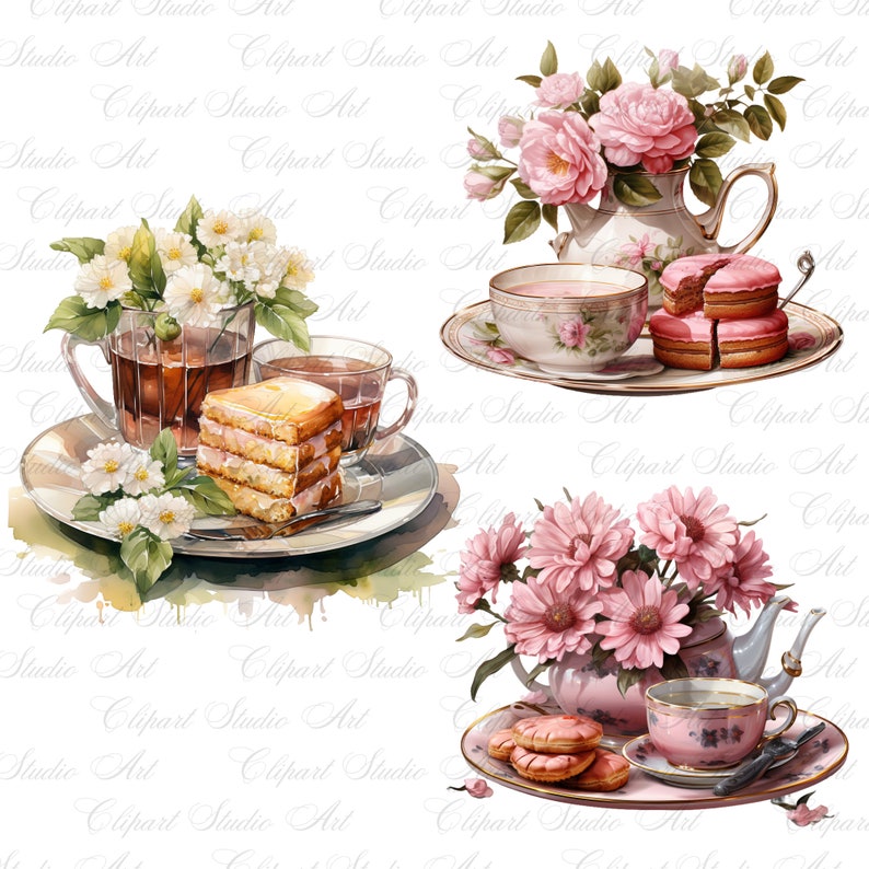 Cute Tea Party Watercolor Clipart, Pink Teacup Clipart, Floral Tea ...