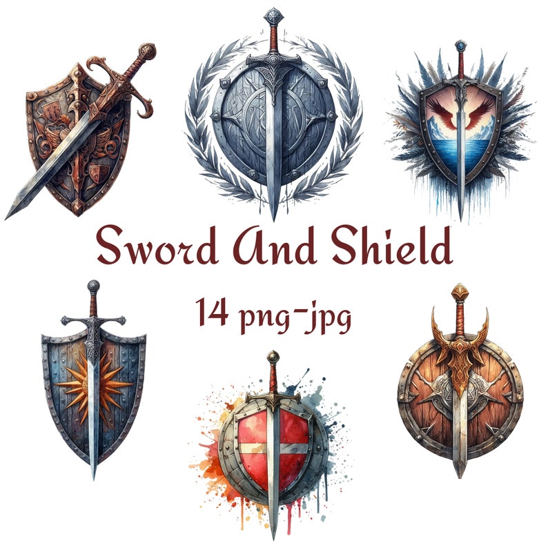 14 Sword and Shield Clipart, Medieval Weapons Clipart, Watercolor Sword ...