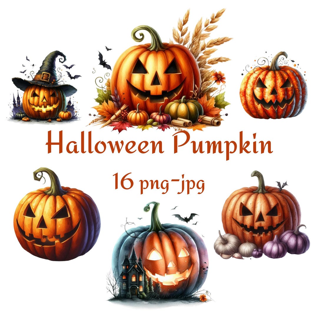 16 Halloween Pumpkin Clipart, Halloween Creepy Pumpkin, Watercolor ...