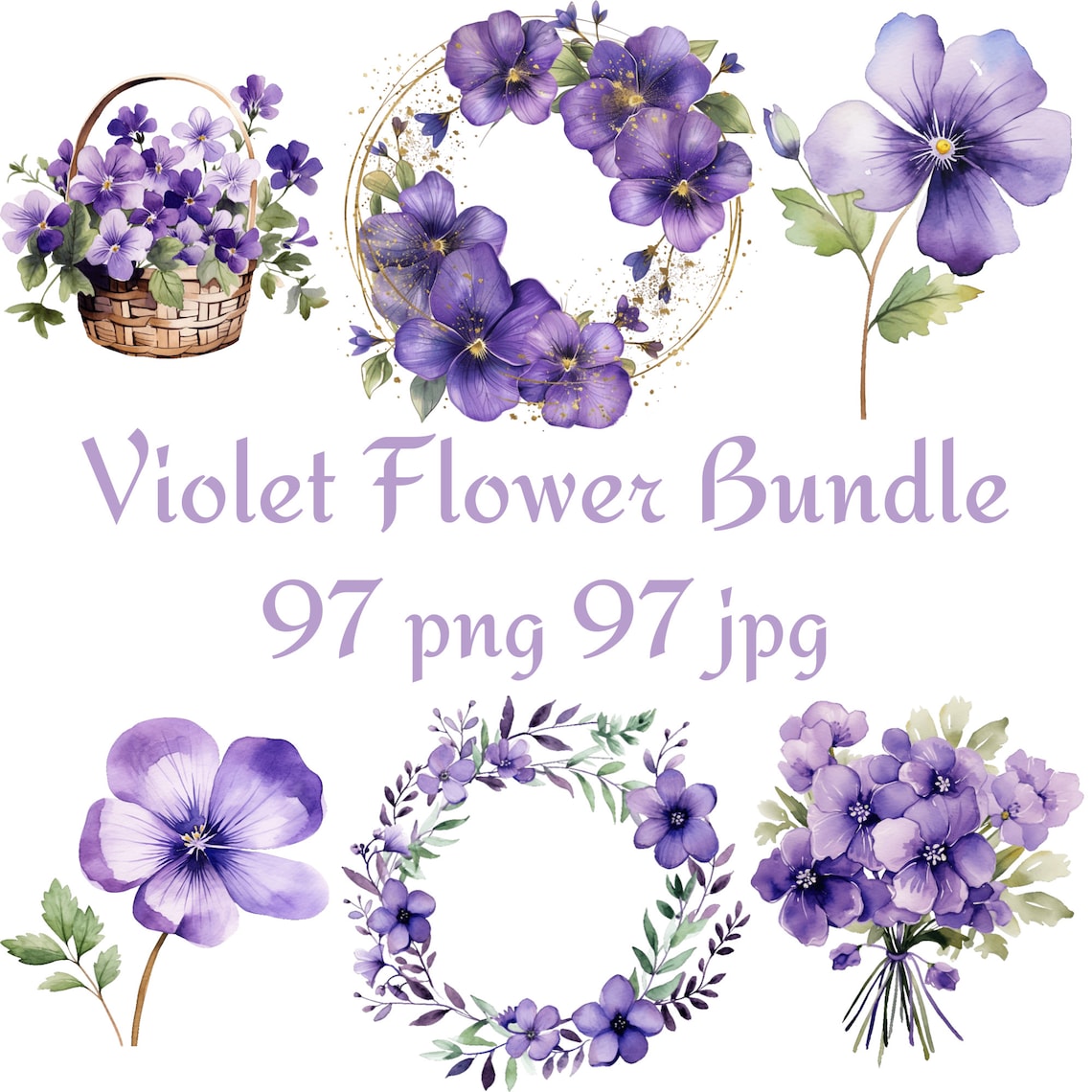 97 Violet Flower Bundle Clipart, Basket, Bouquet, Flower, Wreath ...