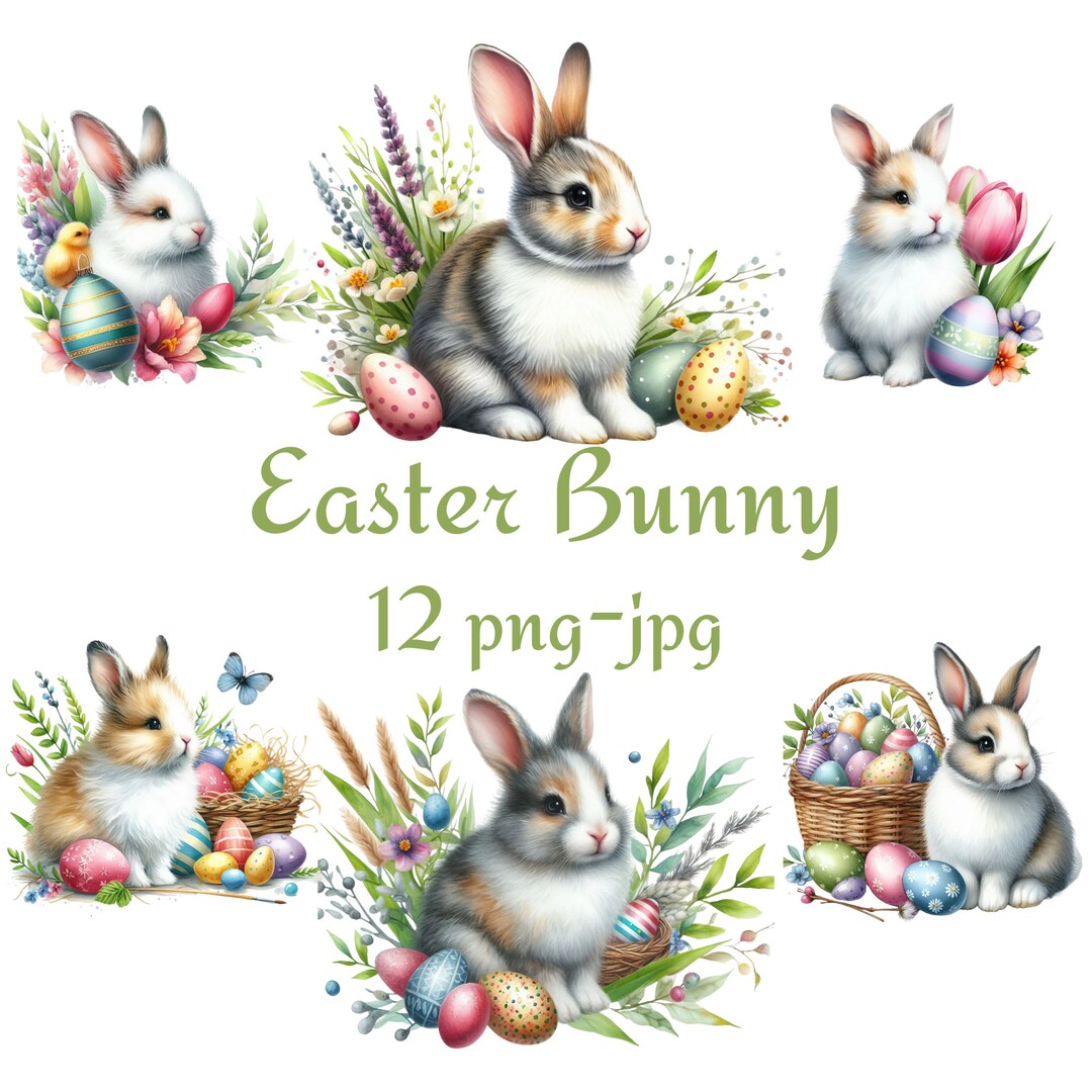 12 Easter Bunny Clipart, Flower Bunnies Clipart, Easter Egg and Easter ...