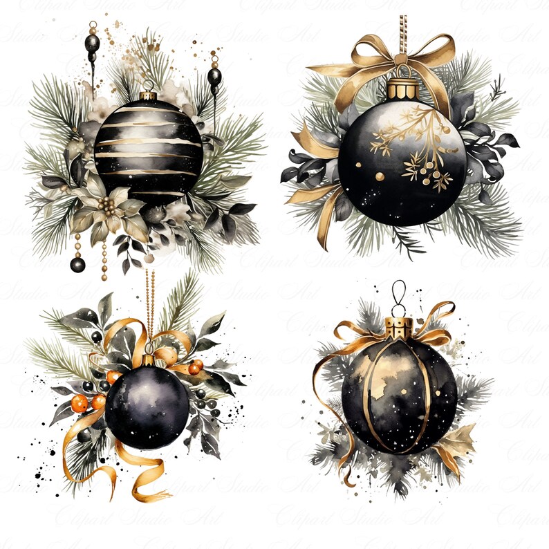 16 Christmas Black Decoration Clipart, Black & Gold Christmas ...