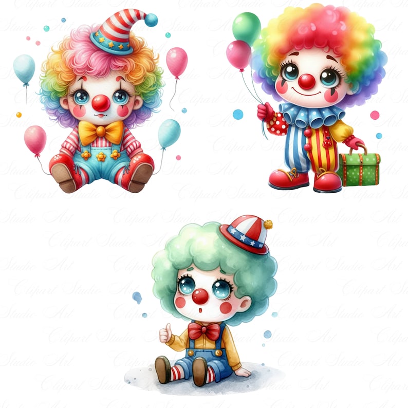 14 Cute Clowns Clipart, Watercolor Cute Clowns Clipart, Watercolor Cute ...