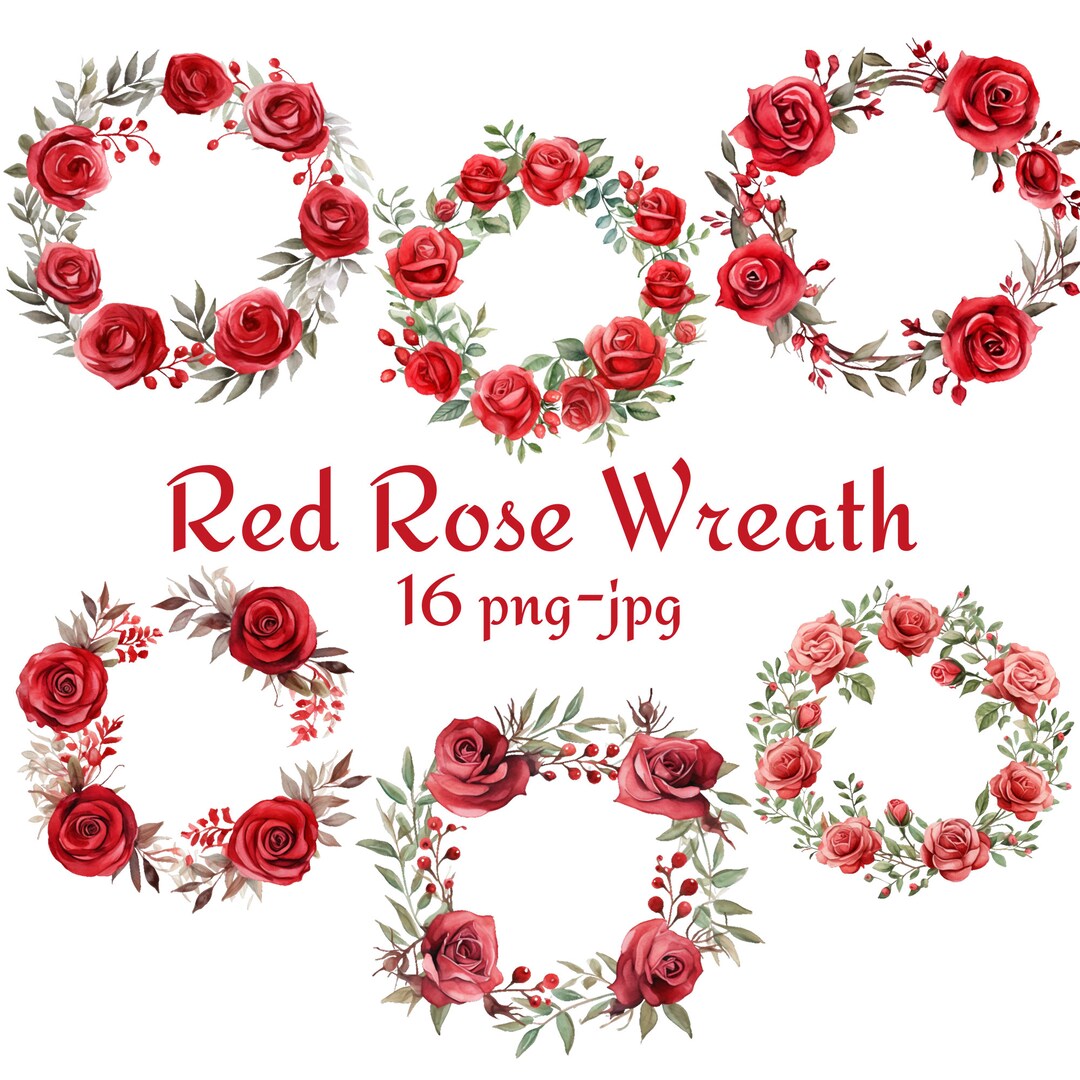 16 Red Rose Wreath Clipart, Wedding Bridal Shower Red Rose Wreath ...