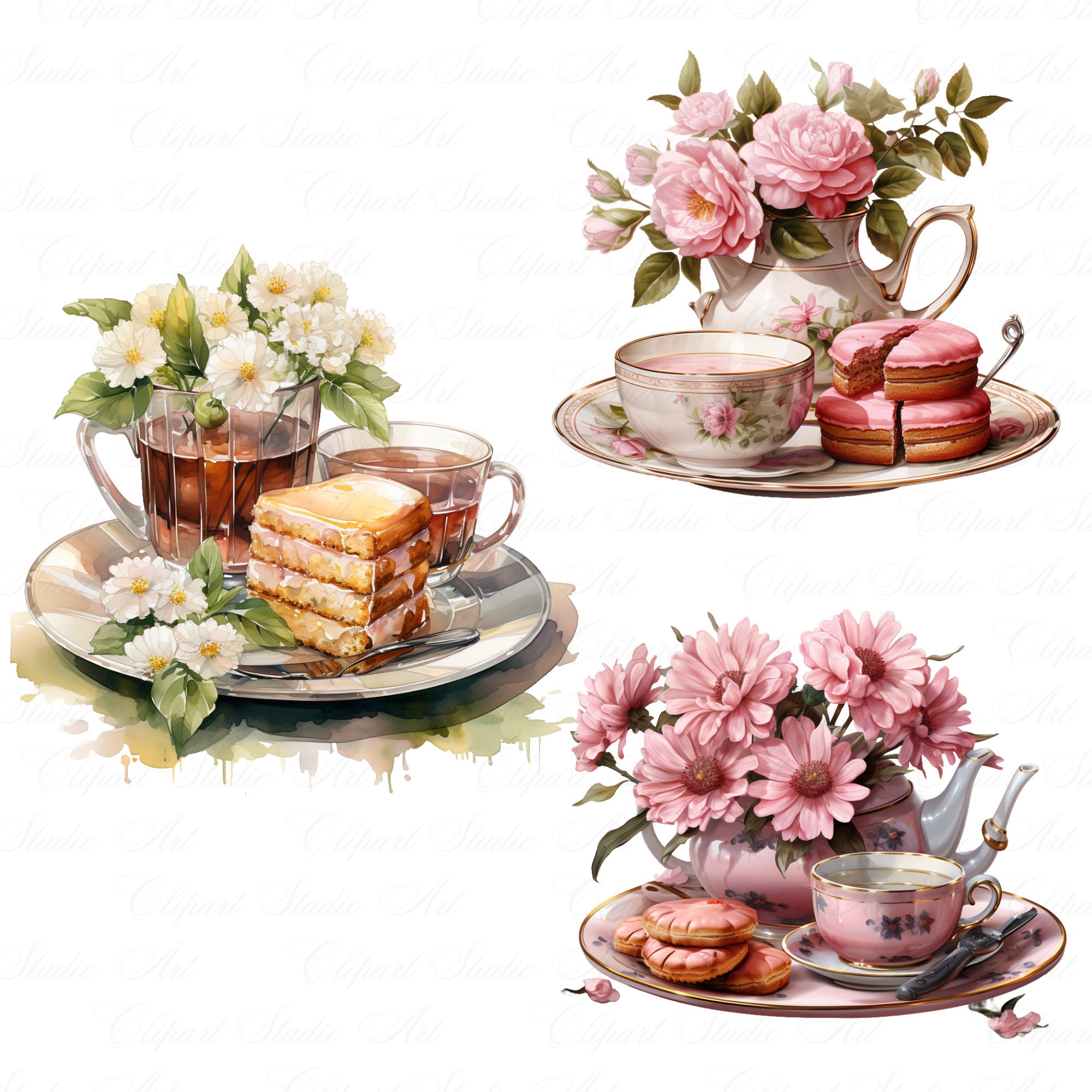 12 Cute Tea Party Watercolor Clipart, Floral Tea Party Clipart ...