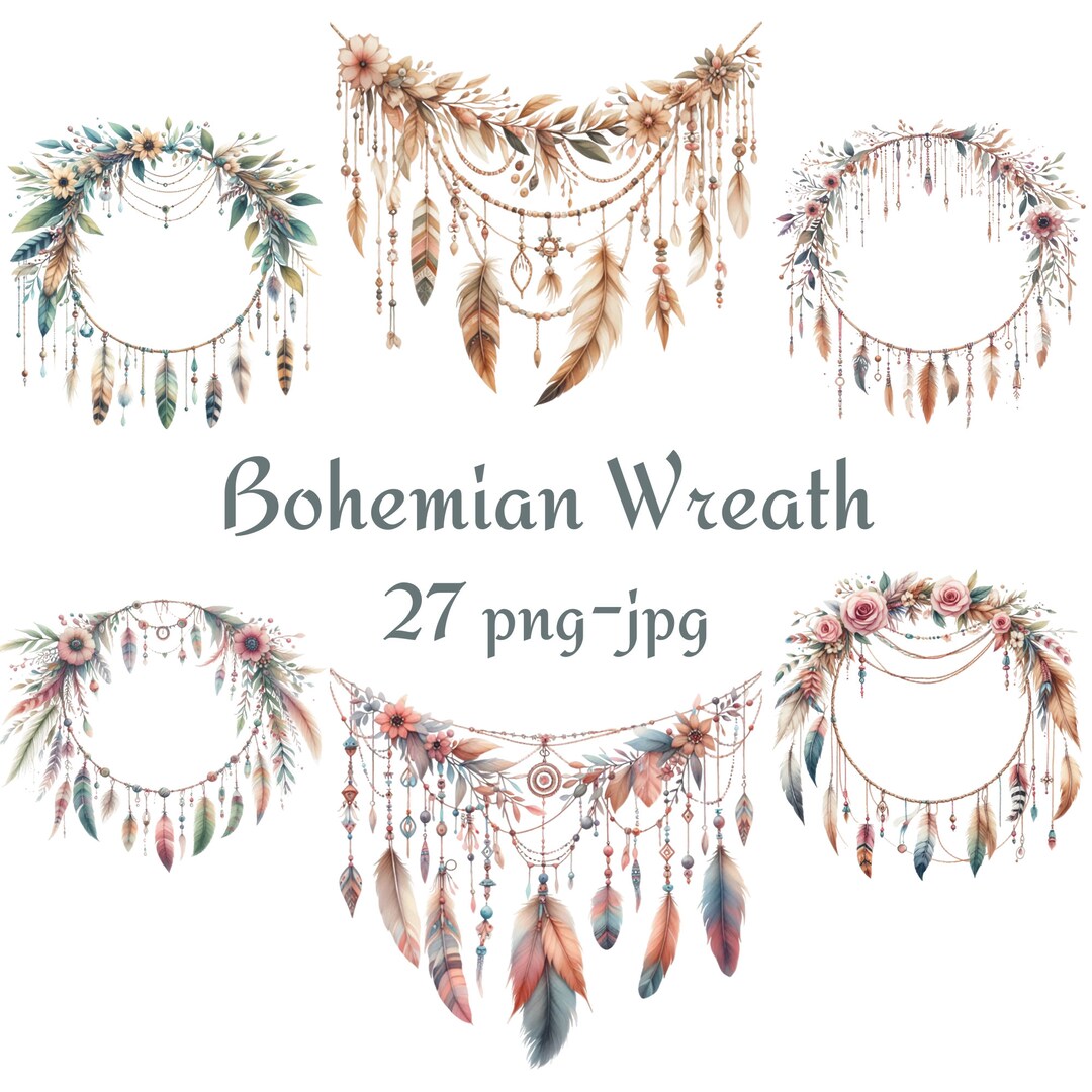 27 Bohemian Wreath Clipart, Watercolor Boho Flower Garland Clipart ...