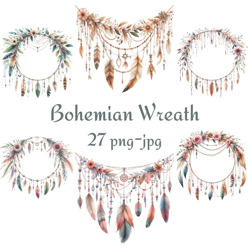 27 Bohemian Wreath Clipart, Watercolor Boho Flower Garland Clipart ...