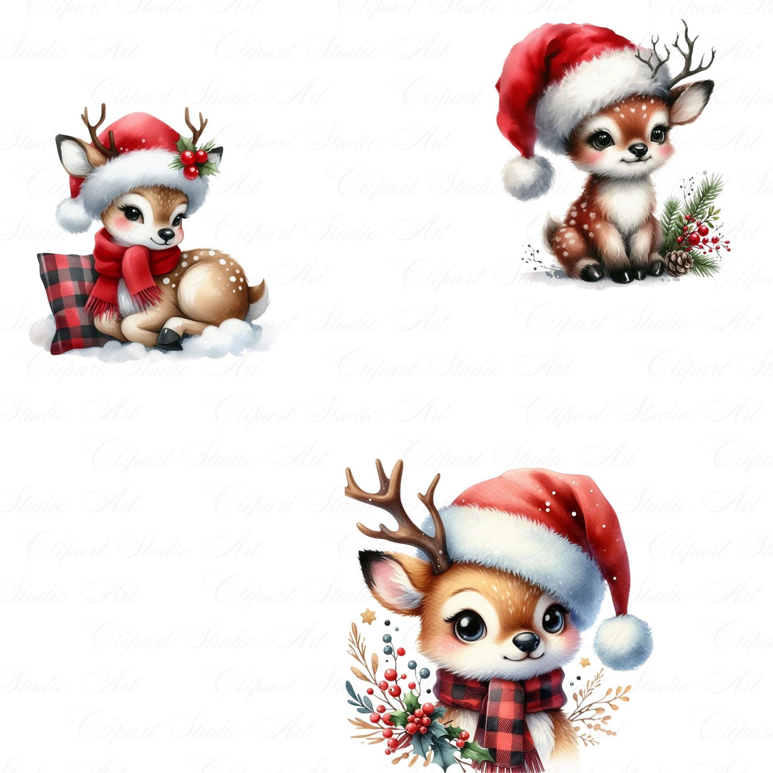 15 Cute Deer in Santa Hat Clipart, Watercolor Deer in Santa Hat Clipart ...